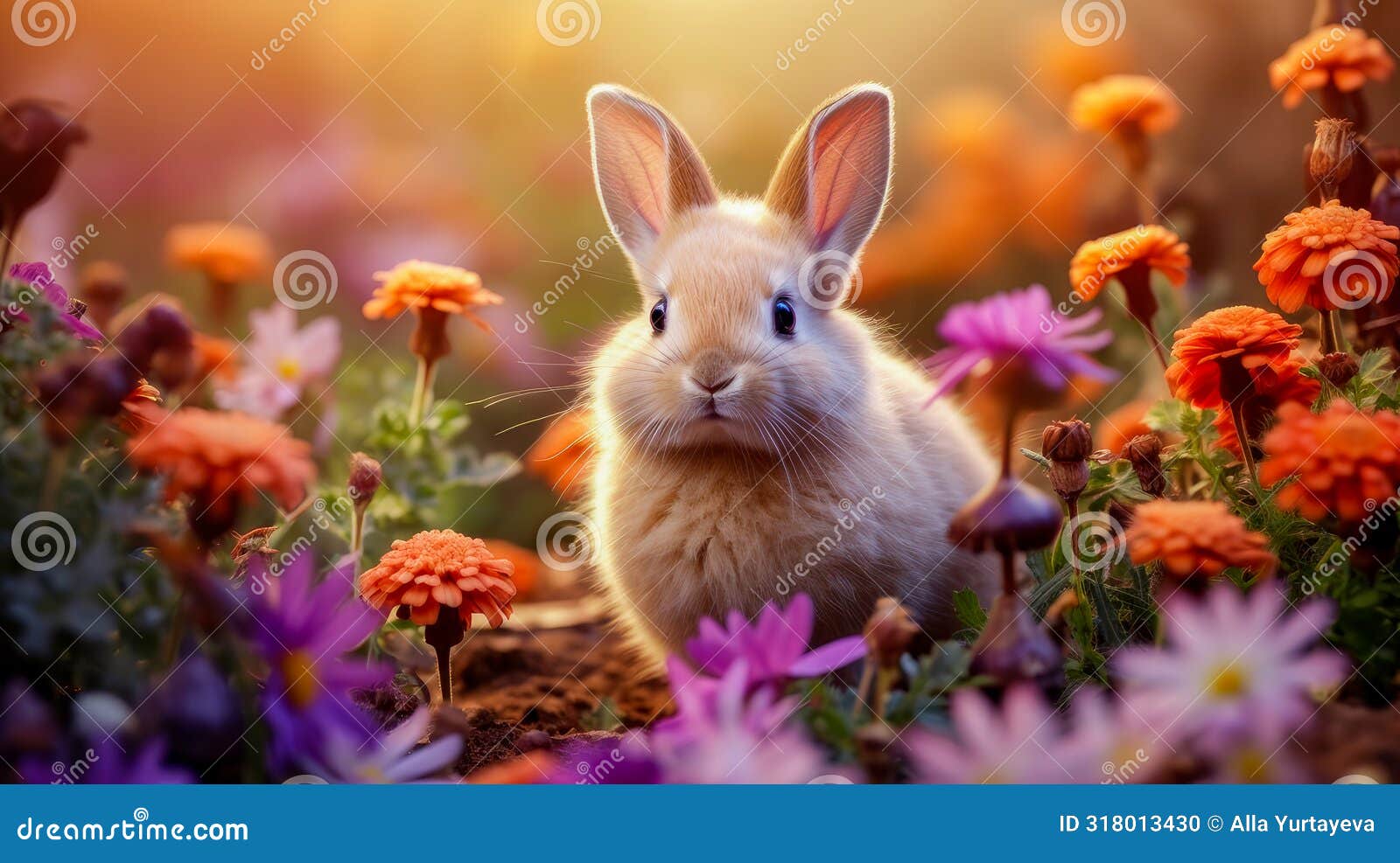 Cute Easter Bunny in a Field with Flowers in Nature, in the Sun& X27;s ...