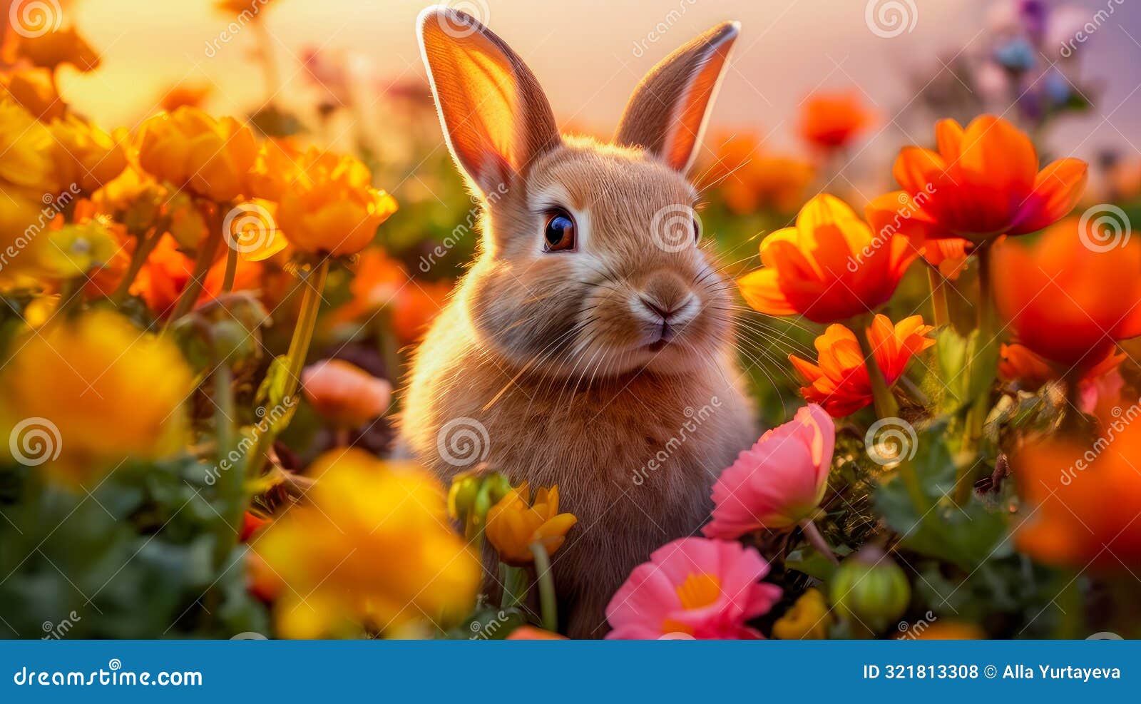 Cute Easter Bunny in a Field with Flowers in Nature, in the Sun& X27;s ...