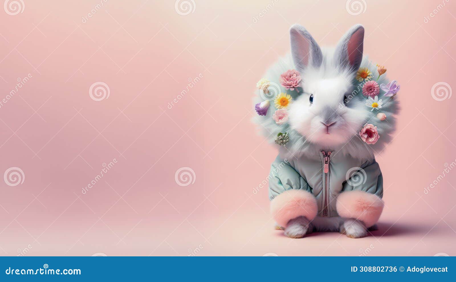 Cute Easter Bunny with Flower on Pastel Color Background. Happy Easter ...