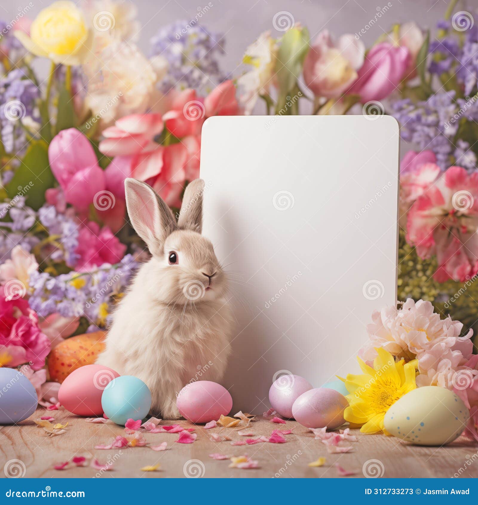 Cute Easter Bunny with Flowers Eggs and Blank Card Stock Illustration ...