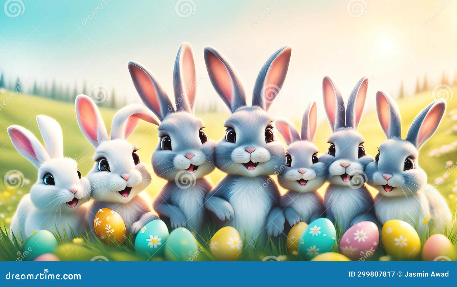 Cute Easter Bunny Group with Easter Eggs in Grass Stock Illustration ...