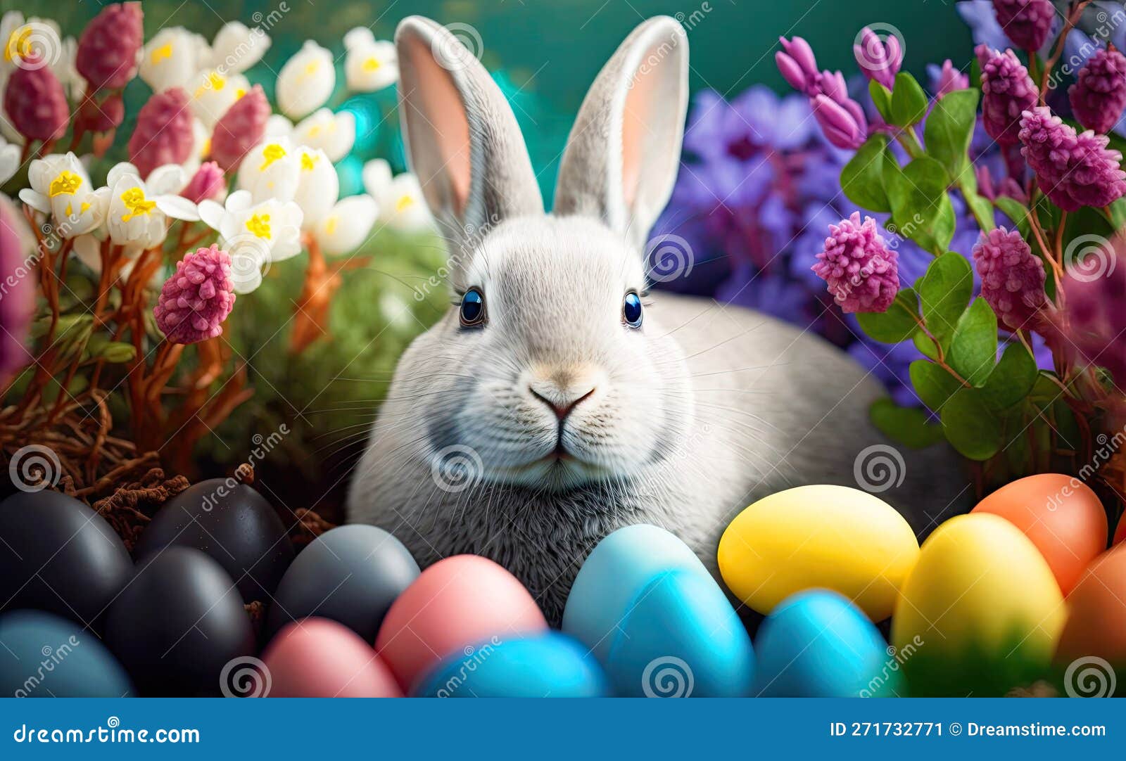 A Cute Easter Bunny among Painted Multicolor Eggs and Flowers in a ...