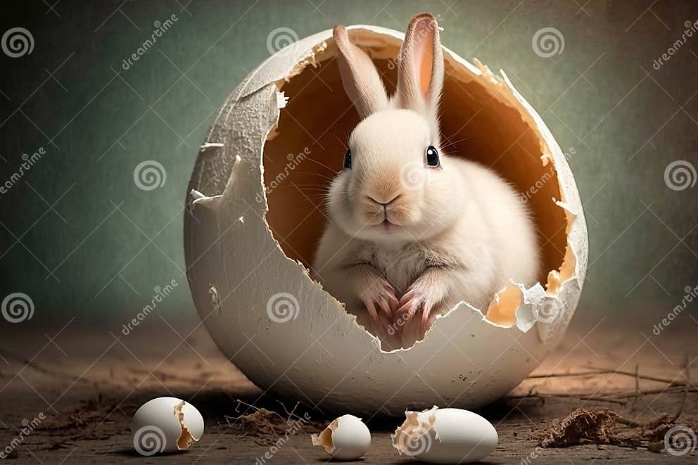 Cute Easter Bunny Rabbit Inside a Cracked Egg, Generative AI Stock ...