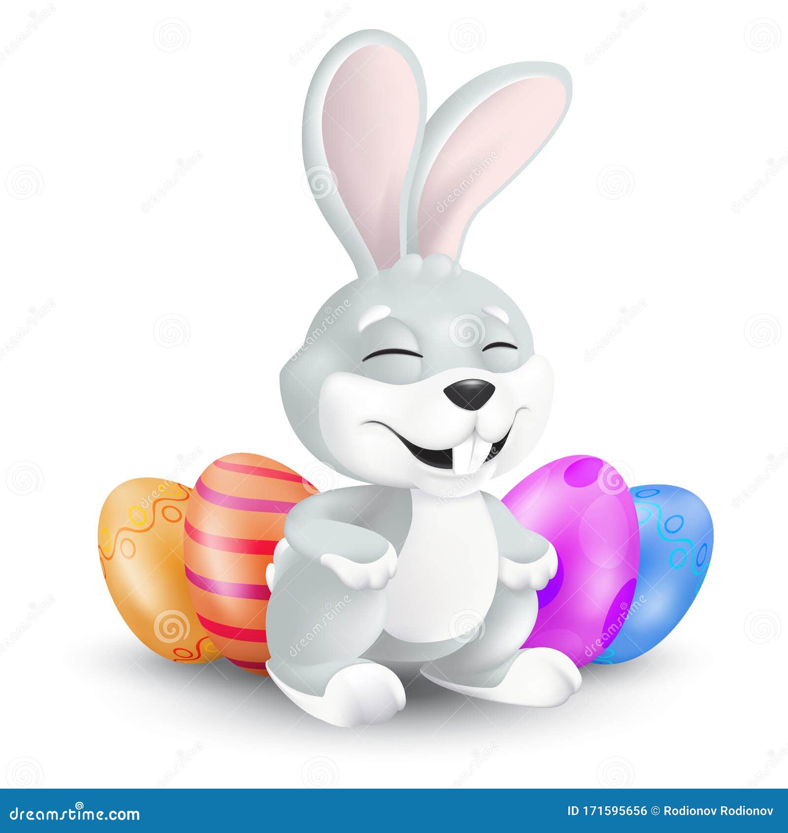 Cute Easter Bunny Sitting and Laughing with Decorated Eggs. Vector ...