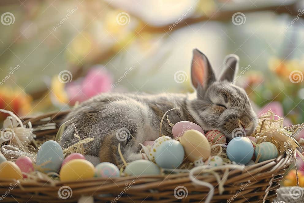 A Cute Easter Bunny Sleeping in a Basket of Easter Eggs Stock Image ...