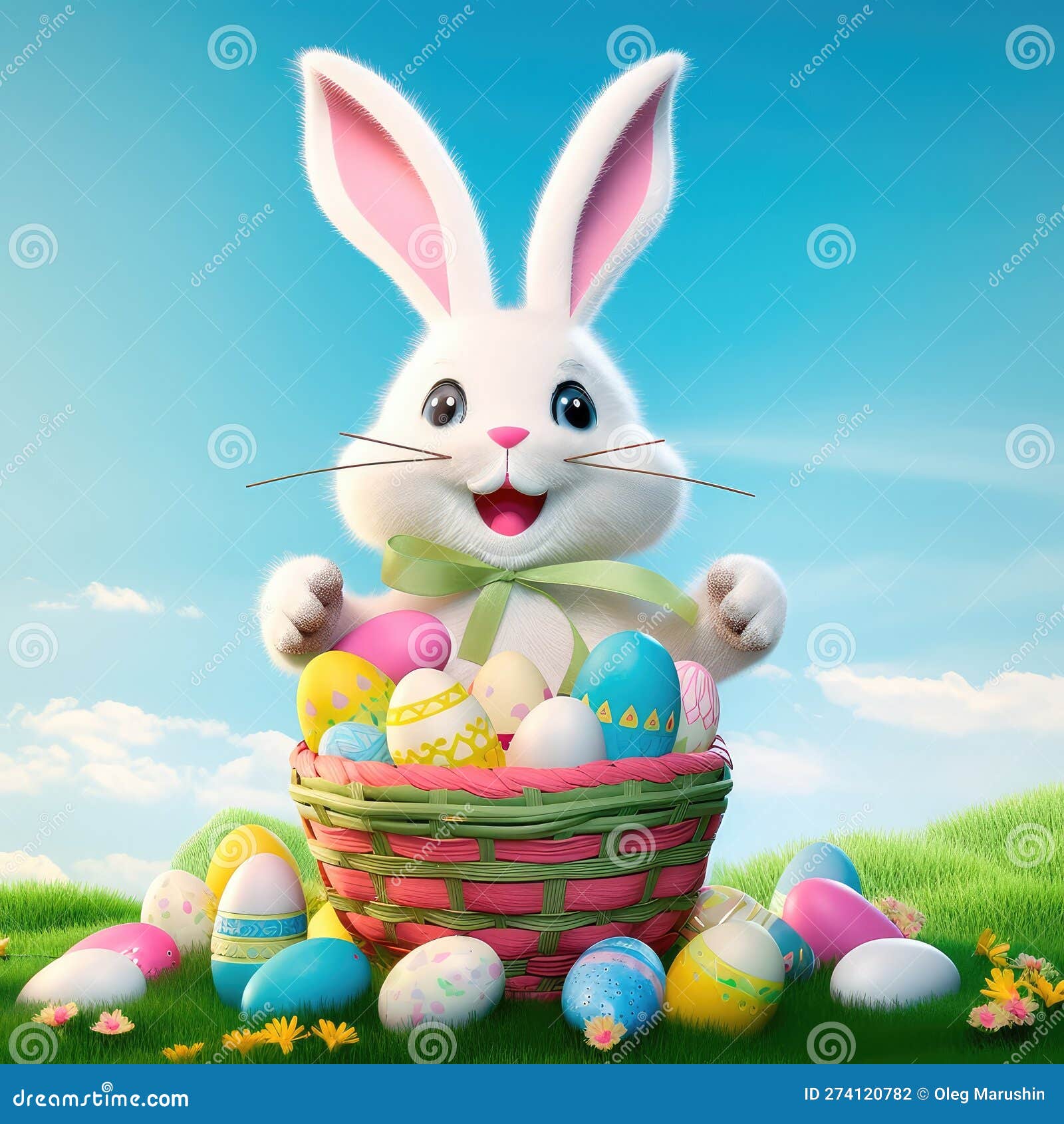 Cute Easter Bunny Smiling Surrounded by Easter Eggs, Cartoon Style ...