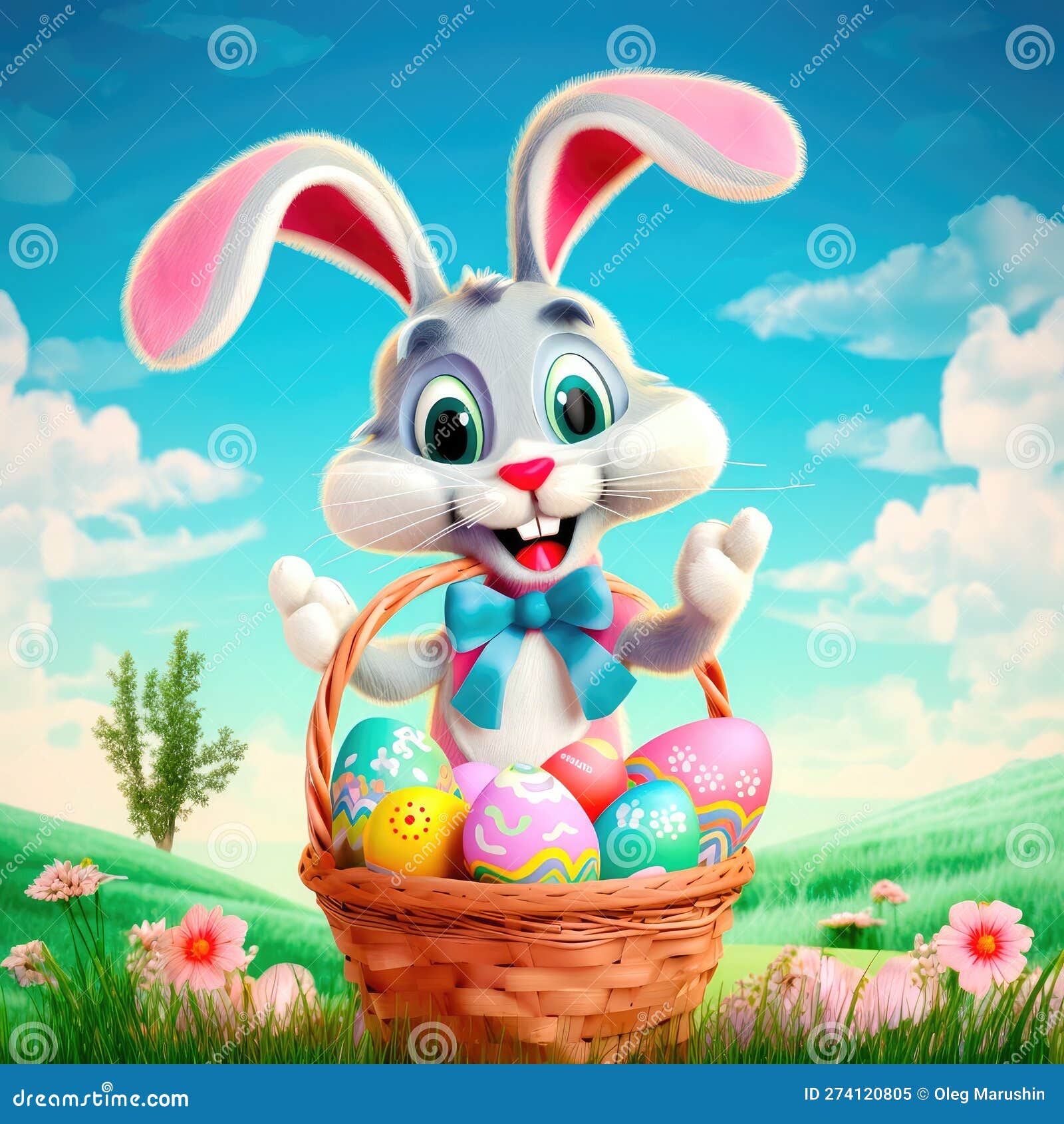 Cute Easter Bunny Smiling Surrounded by Easter Eggs, Cartoon Style ...