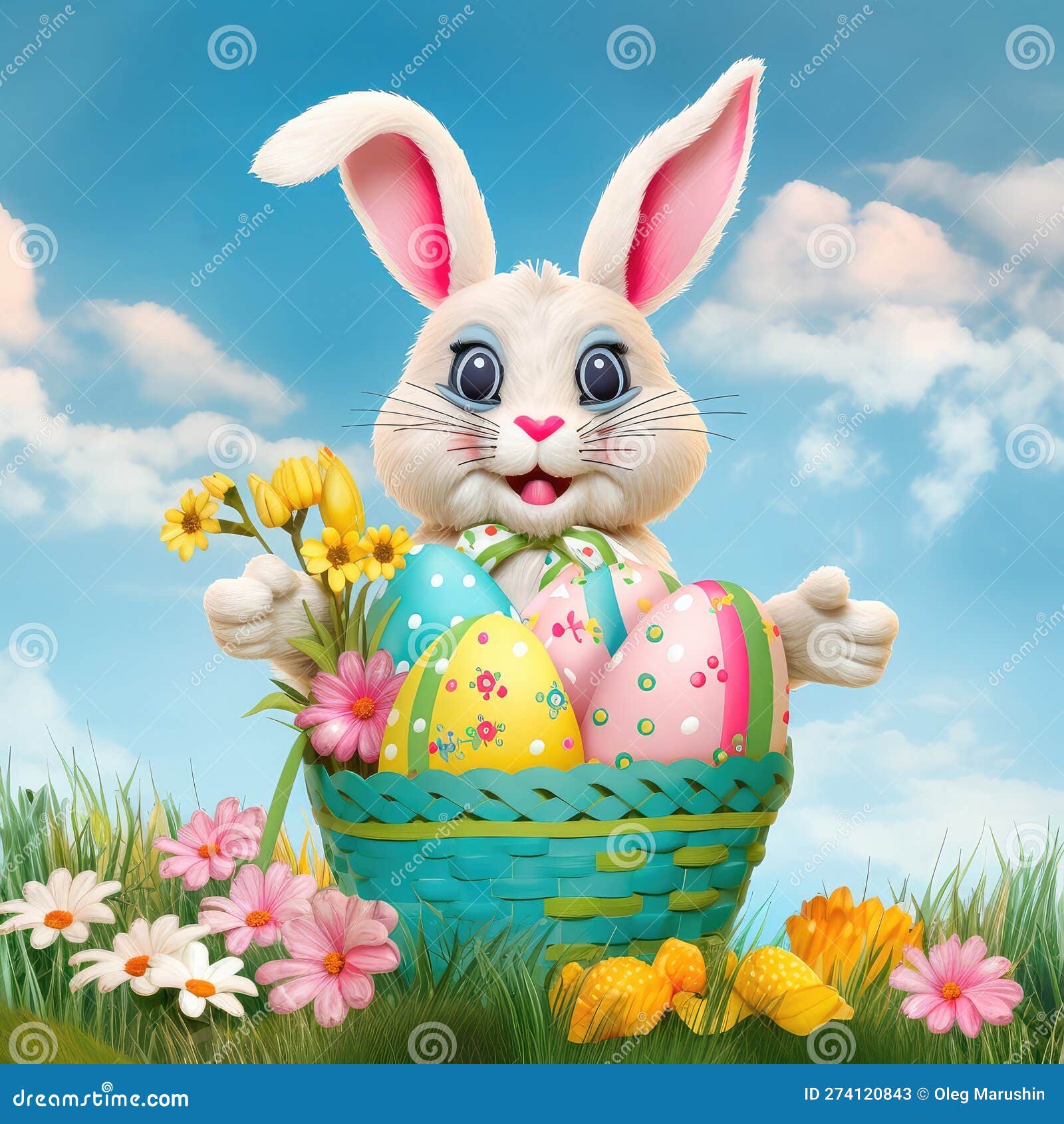 Cute Easter Bunny Smiling Surrounded by Easter Eggs, Cartoon Style ...