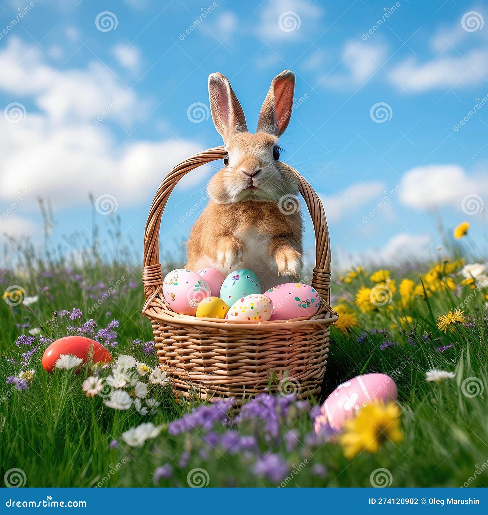 Cute Easter Bunny Smiling Surrounded by Easter Eggs, Cartoon Style ...