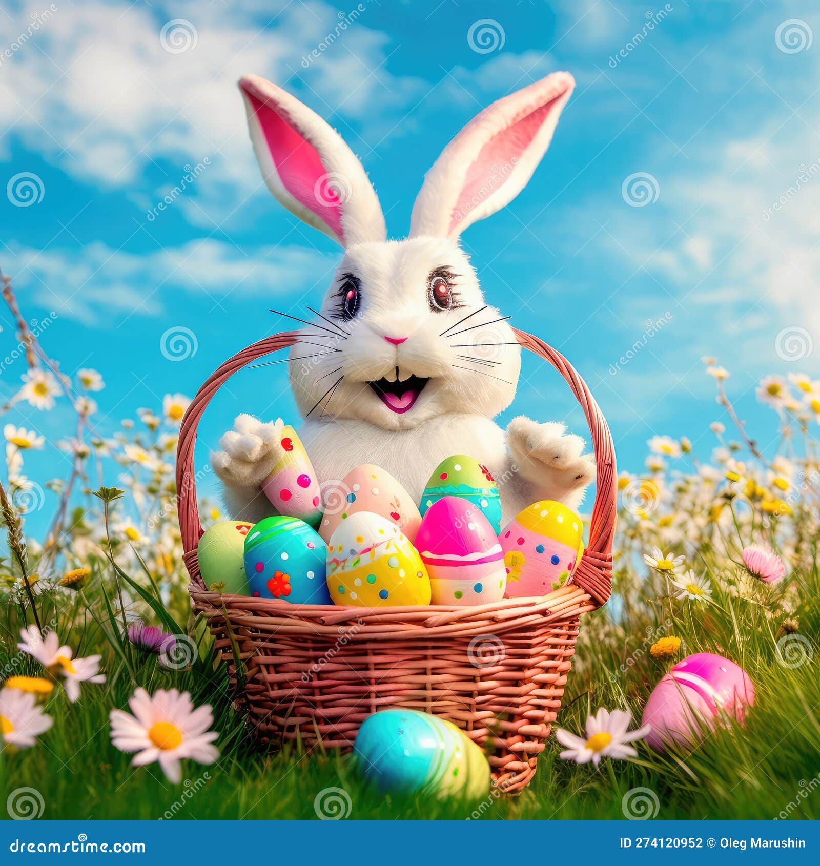 Cute Easter Bunny Smiling Surrounded by Easter Eggs, Cartoon Style ...