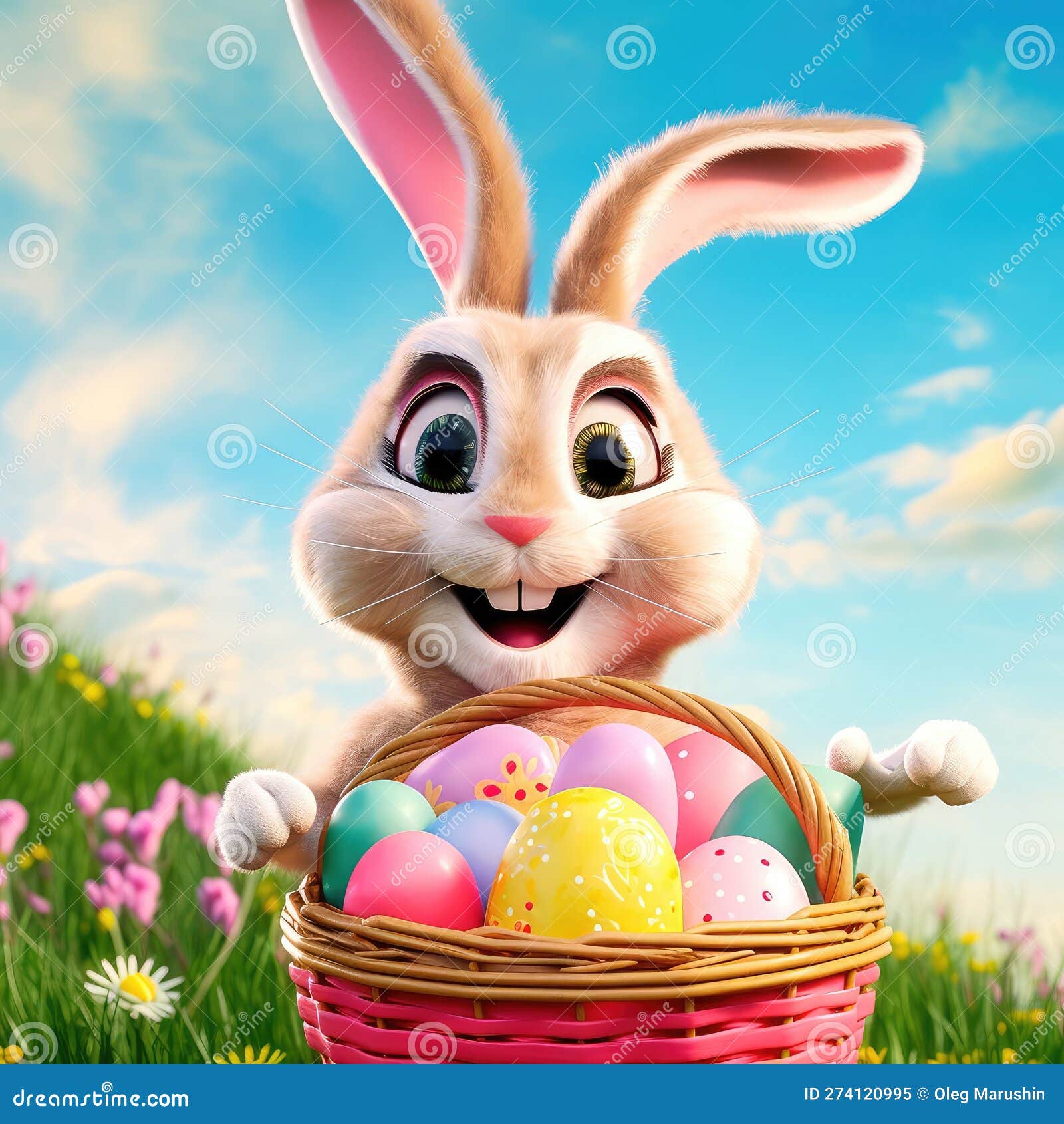 Cute Easter Bunny Smiling Surrounded by Easter Eggs, Cartoon Style ...