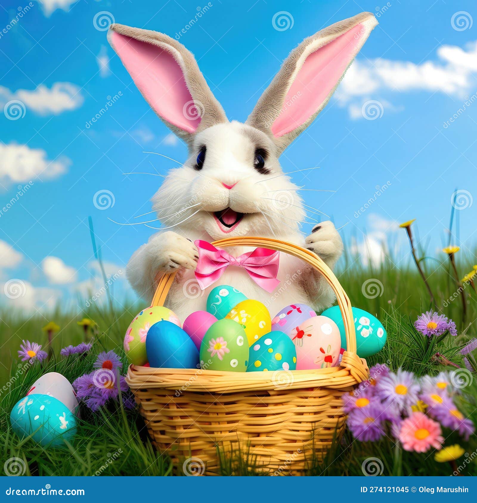 Cute Easter Bunny Smiling Surrounded by Easter Eggs, Cartoon Style ...