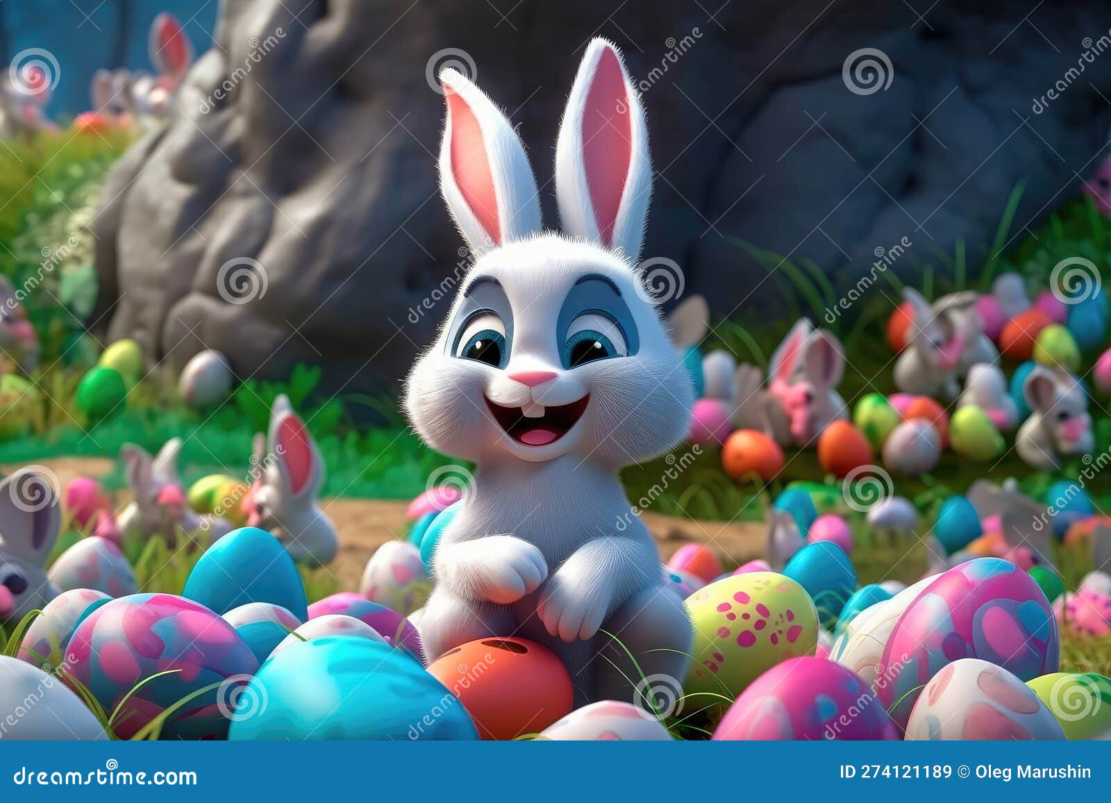 Cute Easter Bunny Smiling Surrounded by Easter Eggs, Cartoon Style ...