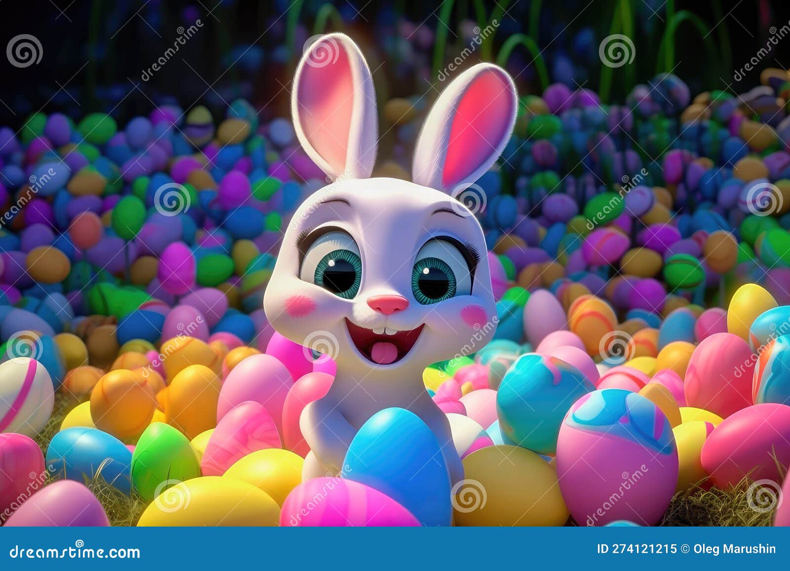Cute Easter Bunny Smiling Surrounded by Easter Eggs, Cartoon Style ...