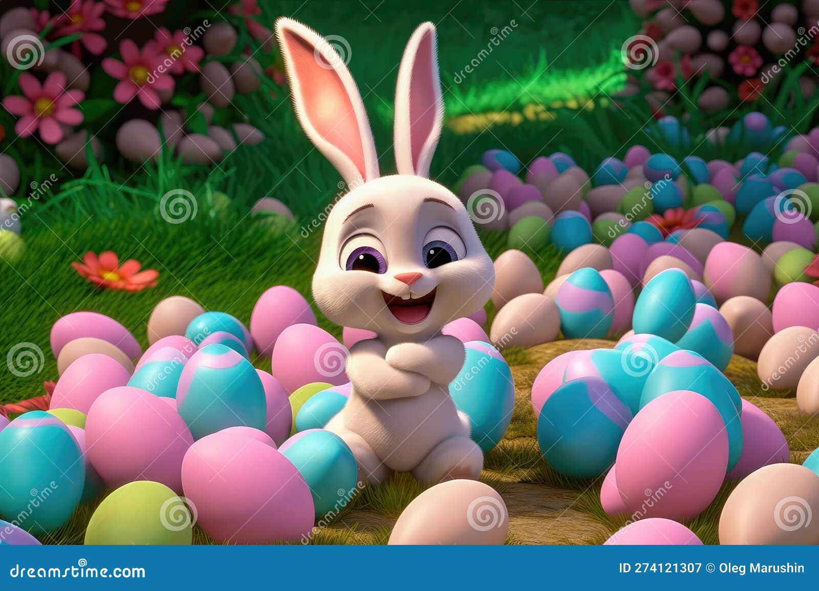 Cute Easter Bunny Smiling Surrounded by Easter Eggs, Cartoon Style ...
