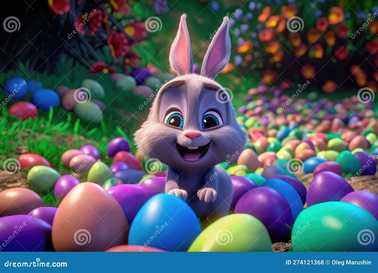 Cute Easter Bunny Smiling Surrounded by Easter Eggs, Cartoon Style ...