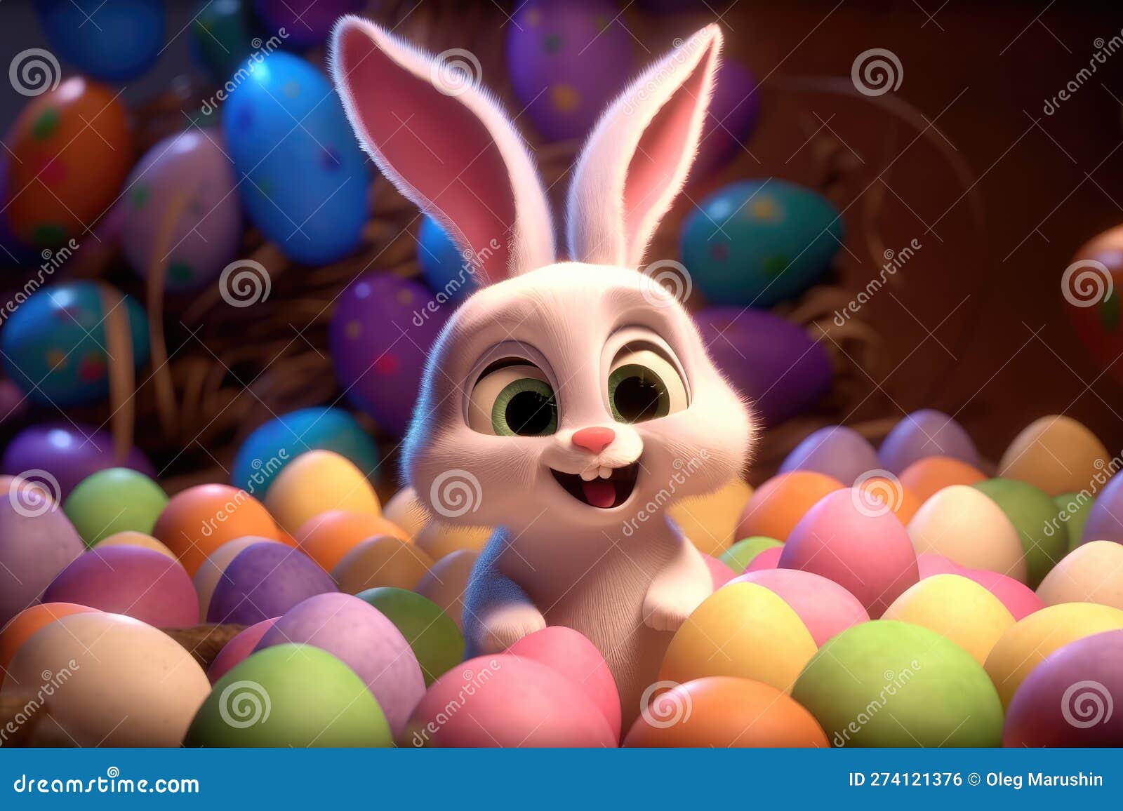 Cute Easter Bunny Smiling Surrounded by Easter Eggs, Cartoon Style ...