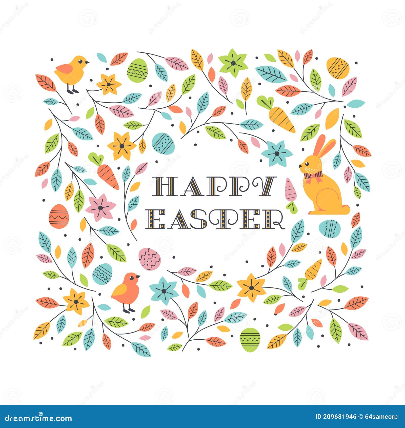 Cute Easter Bunny in Spring Flowers Pattern Decor Stock Illustration ...