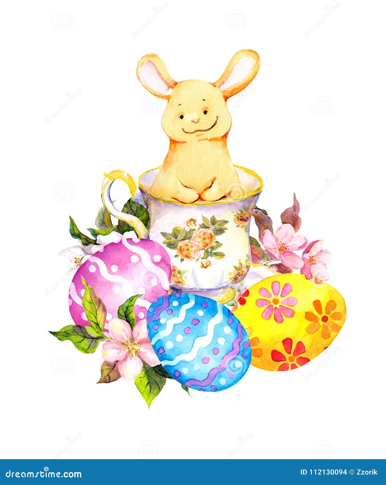 Cute Easter Bunny in Tea Cup, with Colored Eggs, Flowers. Watercolor ...