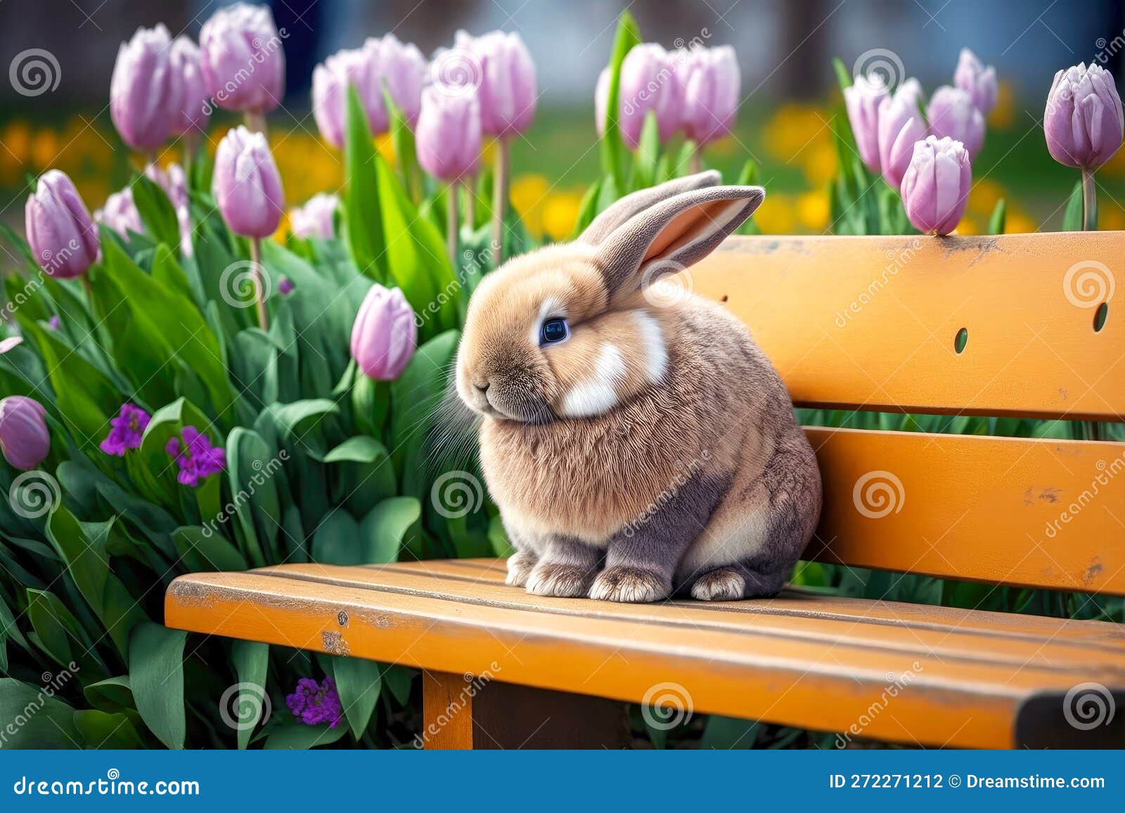 Cute Easter Bunny with Tulips Sitting on Bench Stock Illustration ...