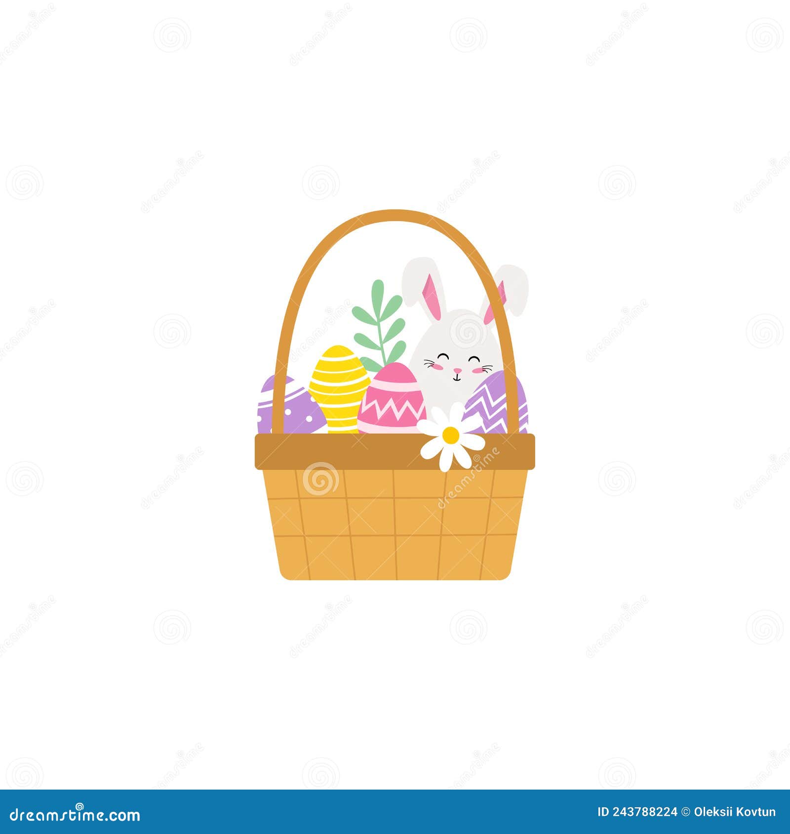 Cute Easter Busket. Easter Eggs, Bunny, Flower. Flat Style. Vector ...