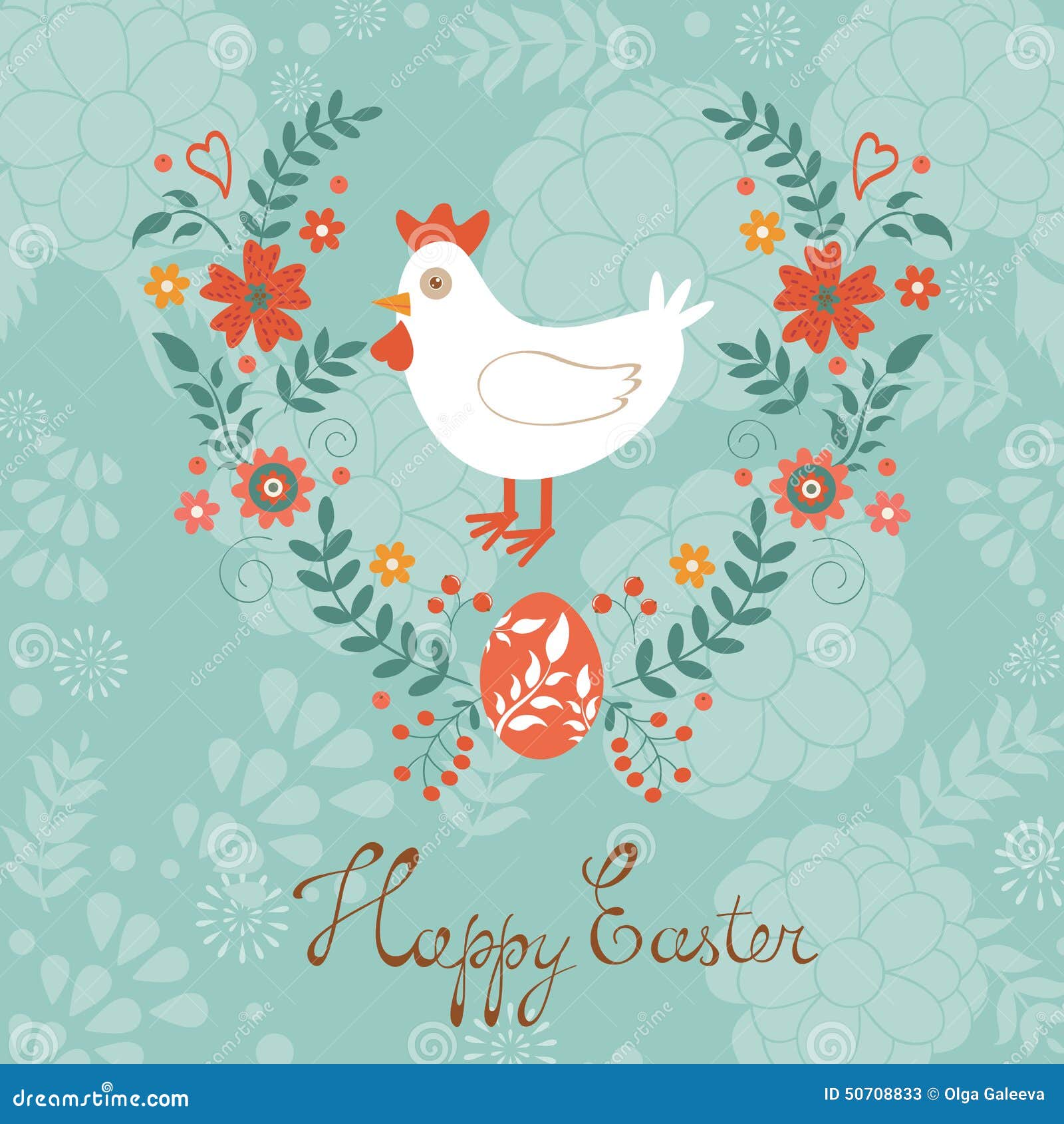 Cute Easter Card with Chicken in Floral Wreath Stock Vector ...