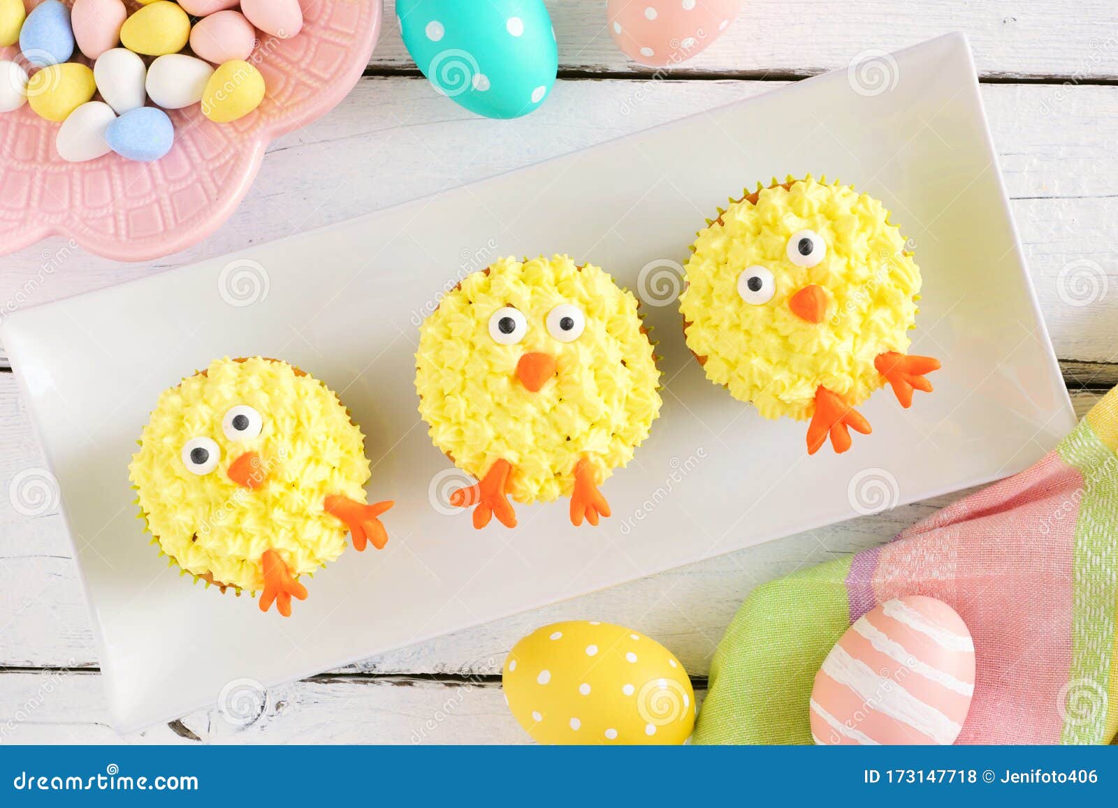 Cute Easter Chick Cupcakes, Top View Table Scene with a White Wood ...