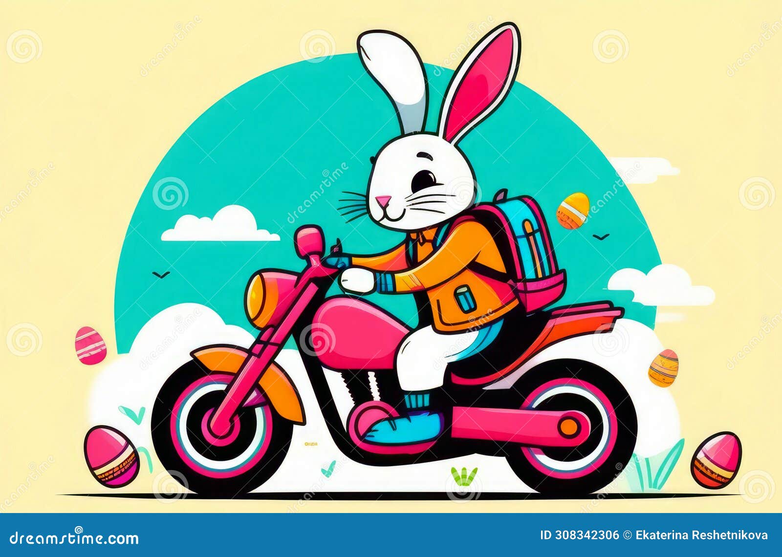 Cute Easter Illustration with Easter Bunny Sitting in a Motorcycle and ...