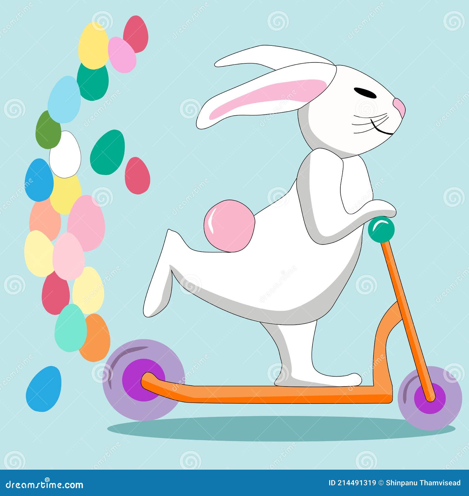 Cute Easter Rabbit Ride on a Scooter and Many Eggs Colors. Vector ...
