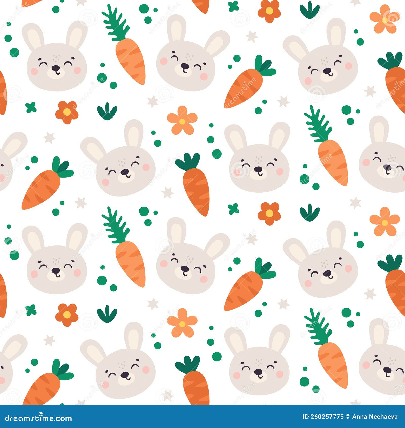 Cute Vector Easter Seamless Pattern with Bunny, Carrot, Flowers and ...