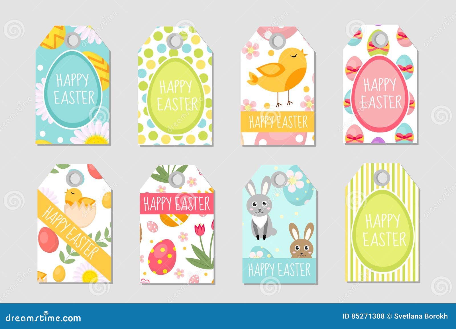 Cute Easter Tags Set. Labels Collection with Rabbit, Eggs and Flowers ...