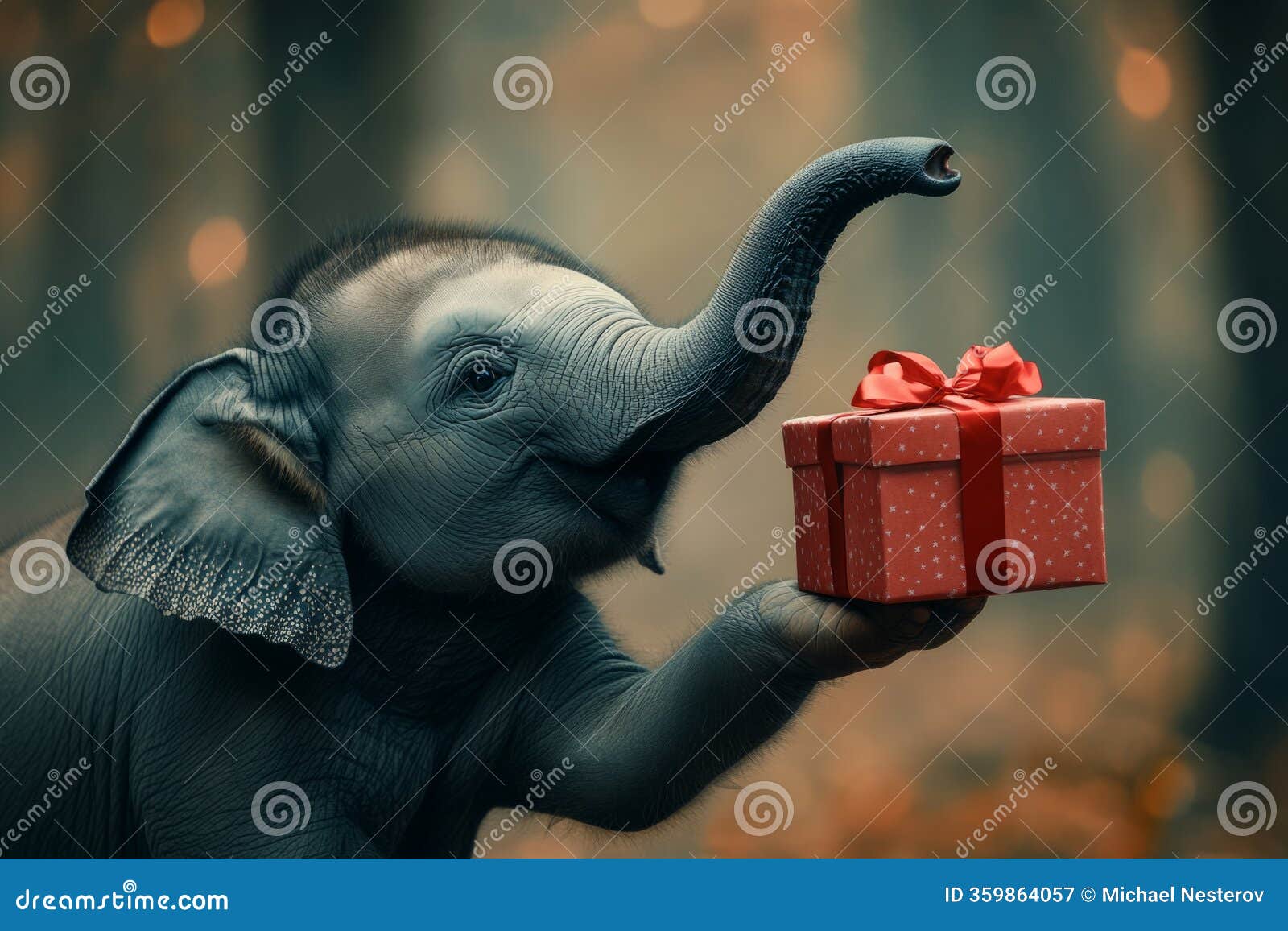 A Cute Elephant Play In Happy At A River, Under A Tree, With Rocks ...