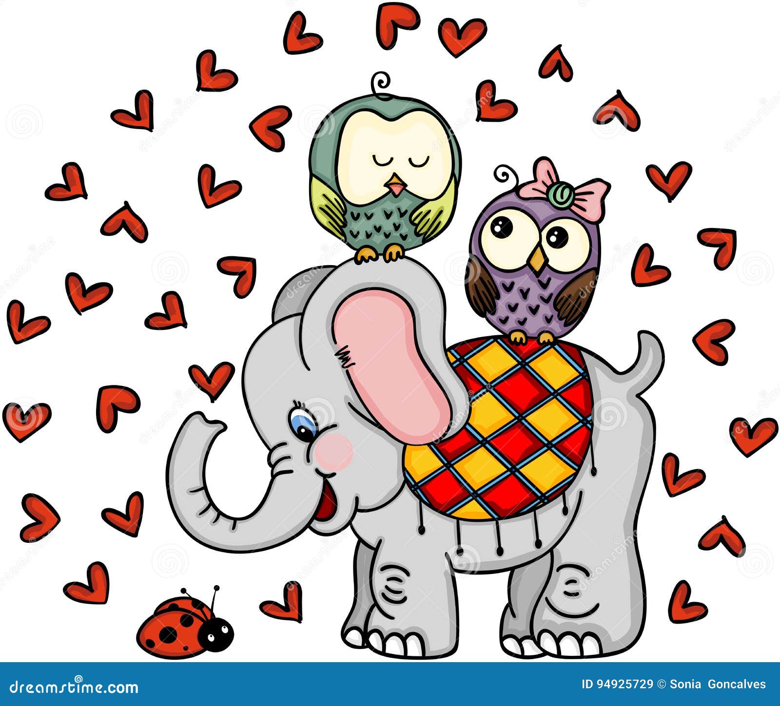 Cute Elephant with Couple Owls and Ladybug Stock Vector - Illustration ...