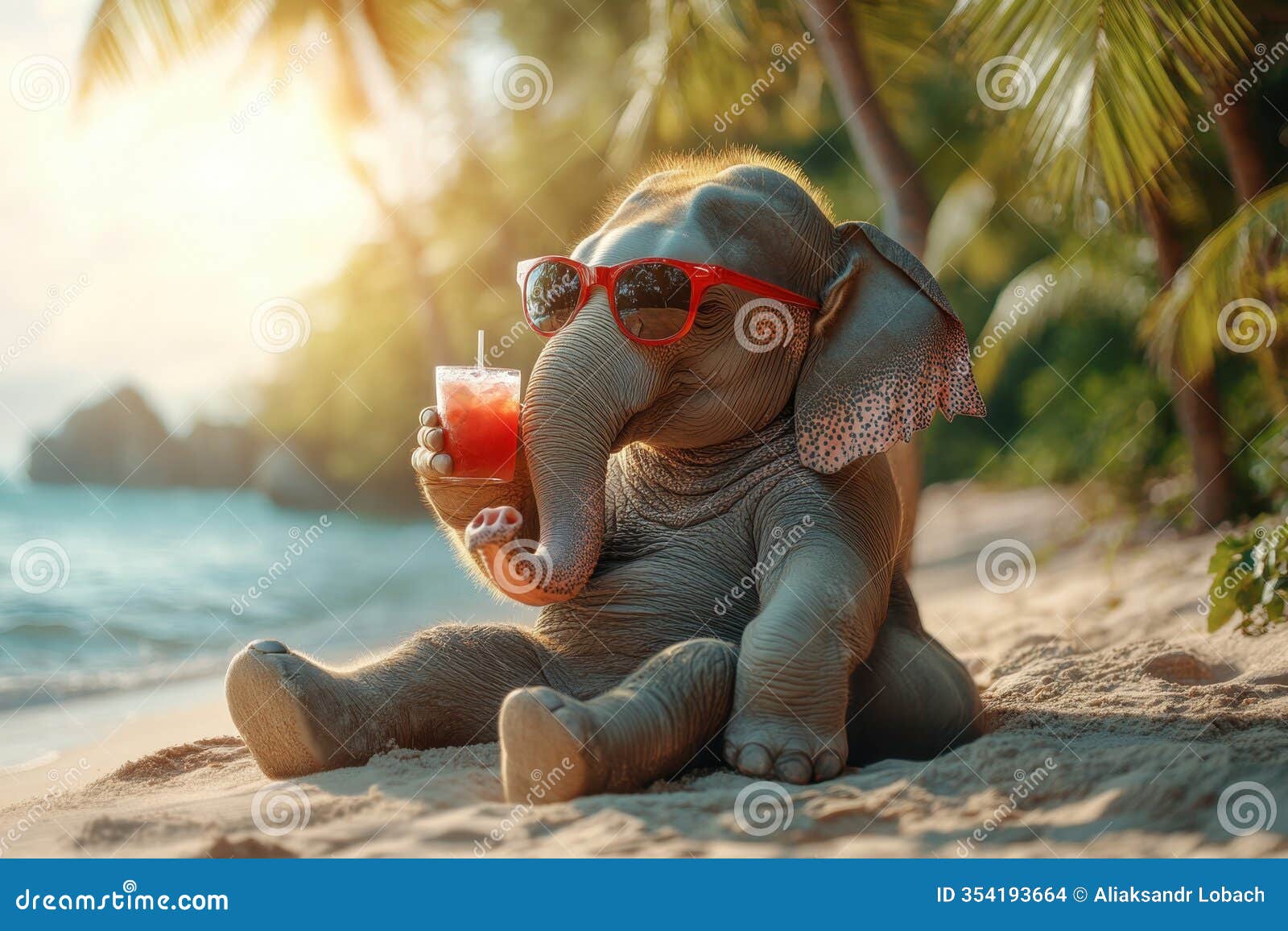 Cute Elephant in Glasses Sunbathing Sitting on the Beach by the Ocean ...
