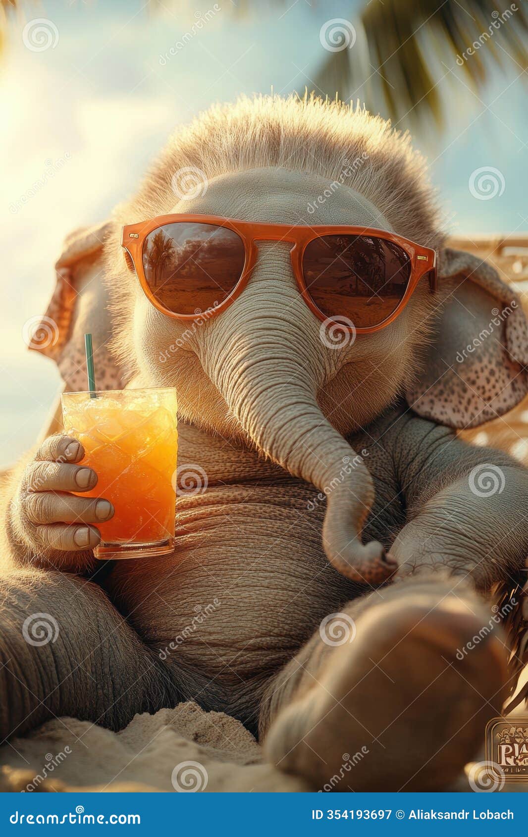 Cute Elephant in Glasses Sunbathing Sitting on the Beach by the Ocean ...