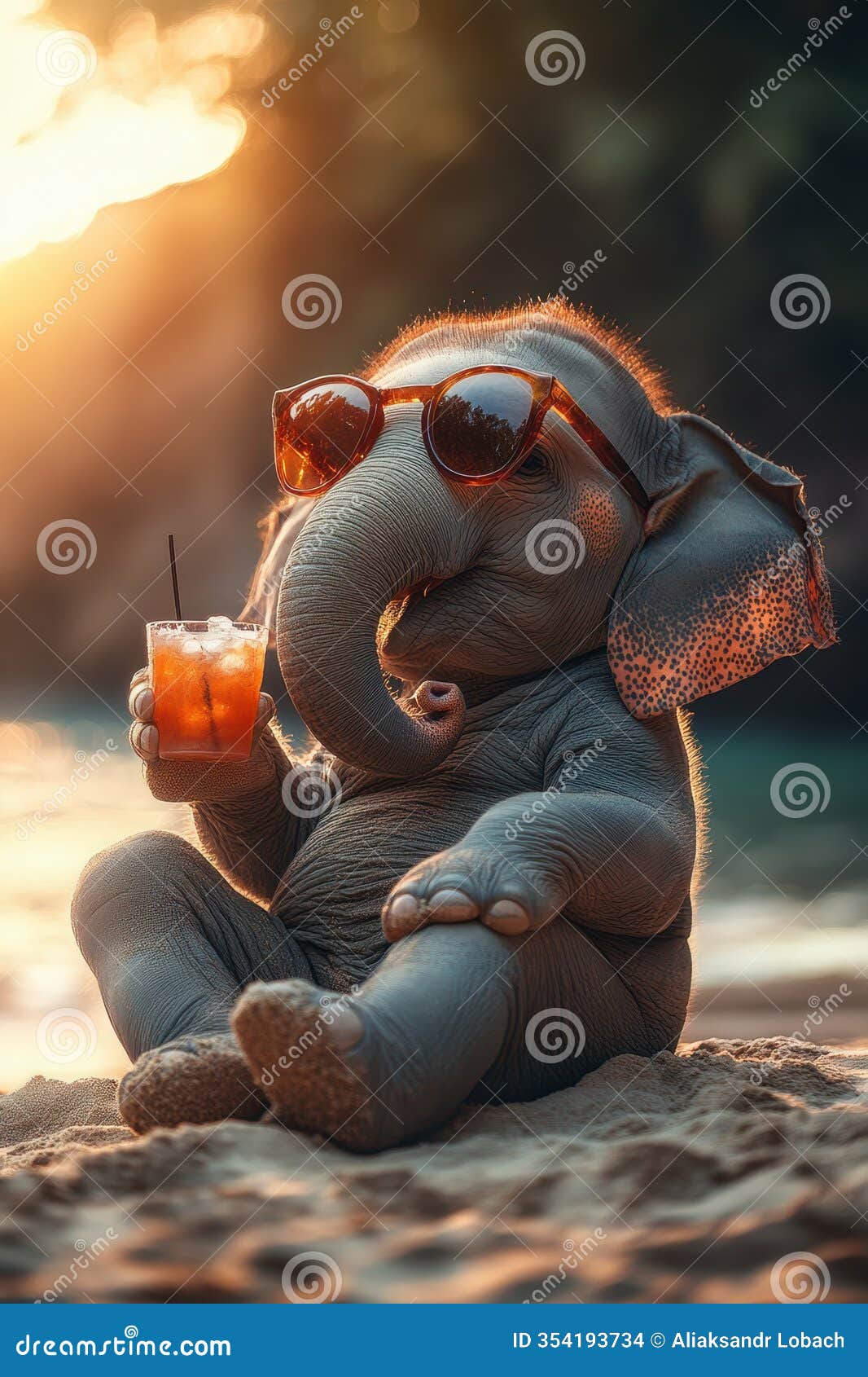 Cute Elephant in Glasses Sunbathing Sitting on the Beach by the Ocean ...
