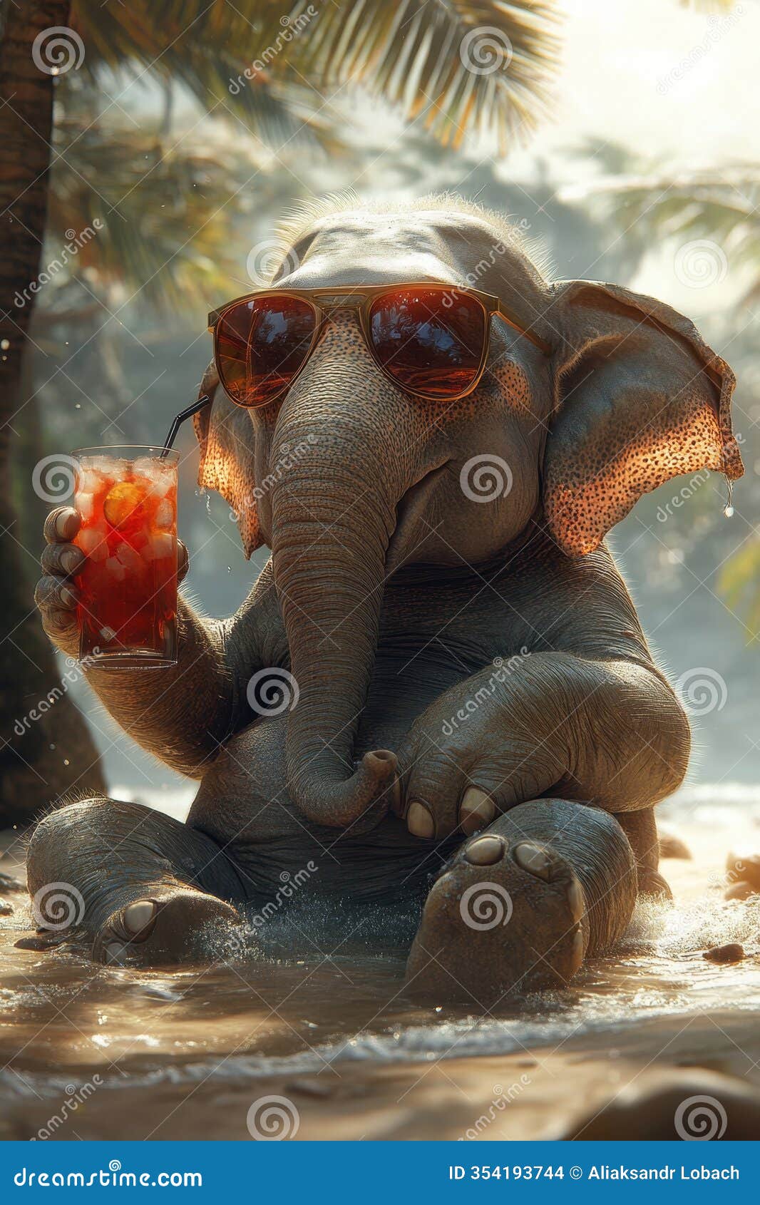 Cute Elephant in Glasses Sunbathing Sitting on the Beach by the Ocean ...