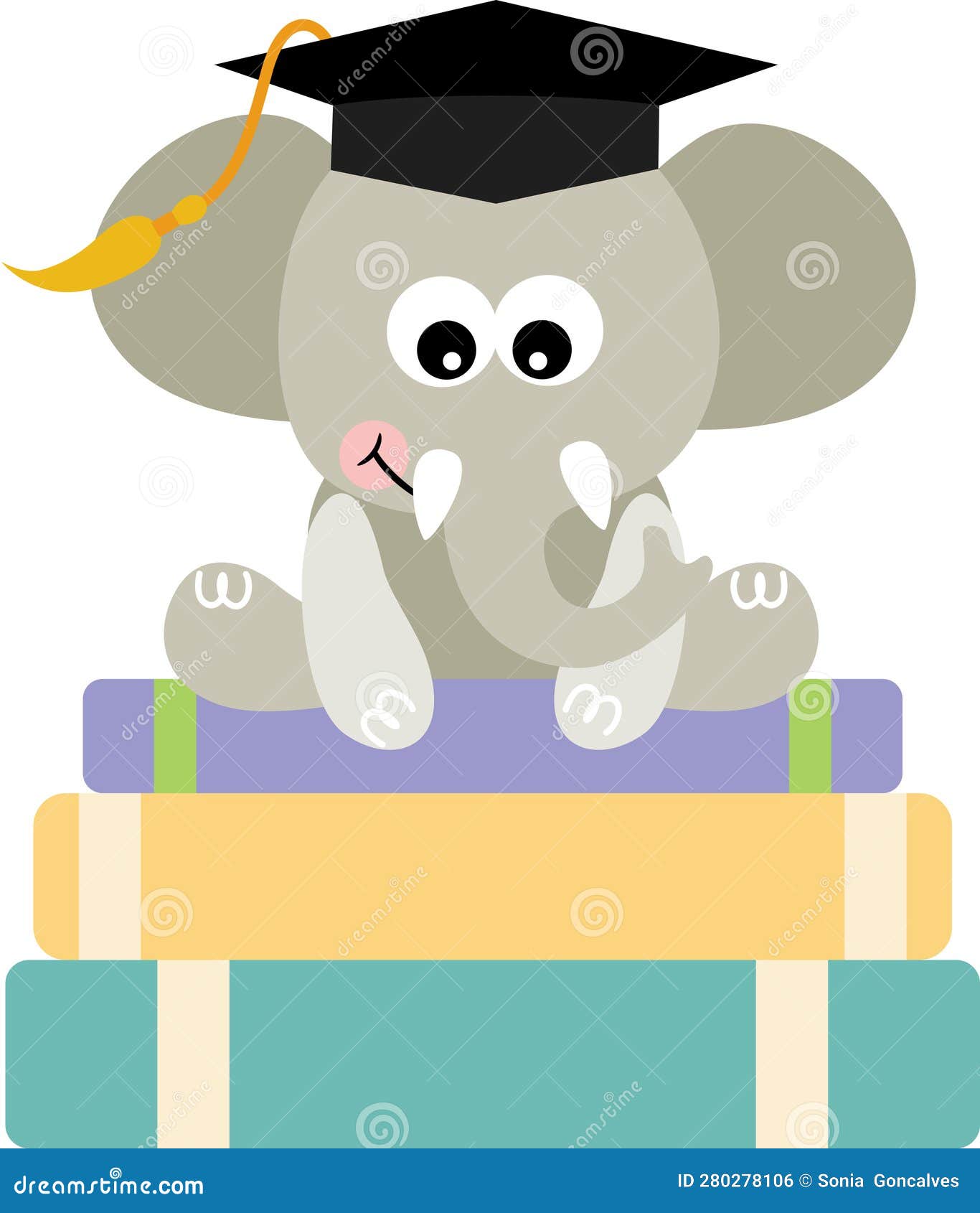 Cute Elephant with Graduation Cap Sitting on Top of Books Stock Vector ...