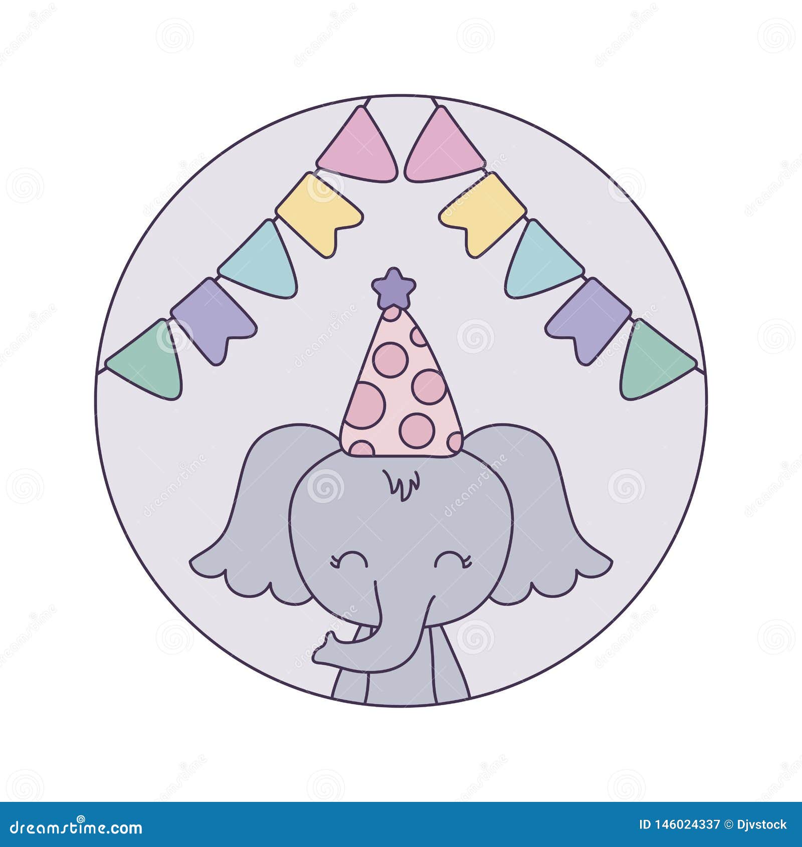 Cute Elephant with Hat Party in Frame Circular Stock Illustration ...