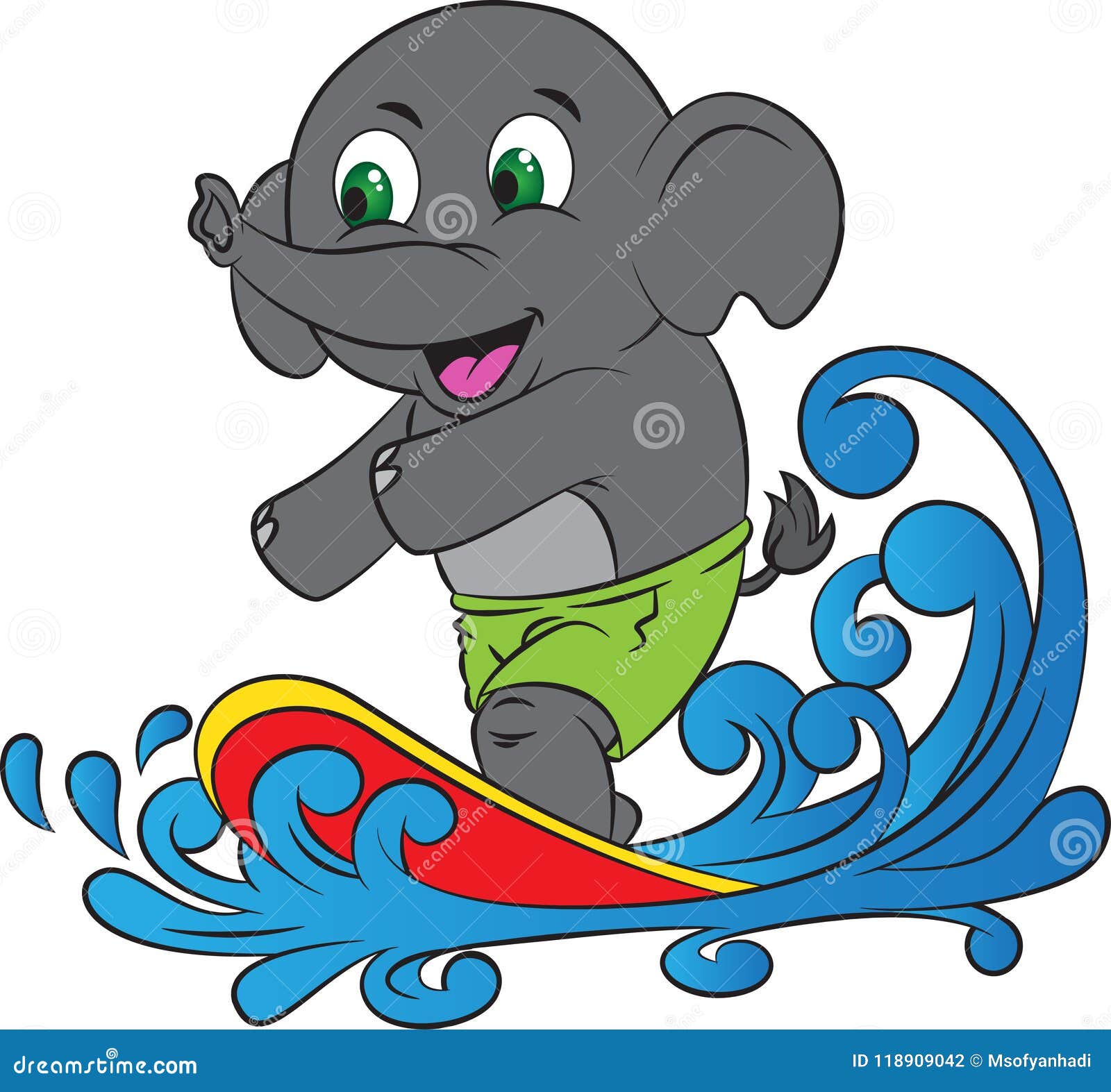 Cute elephant playing surf stock vector. Illustration of drawing ...