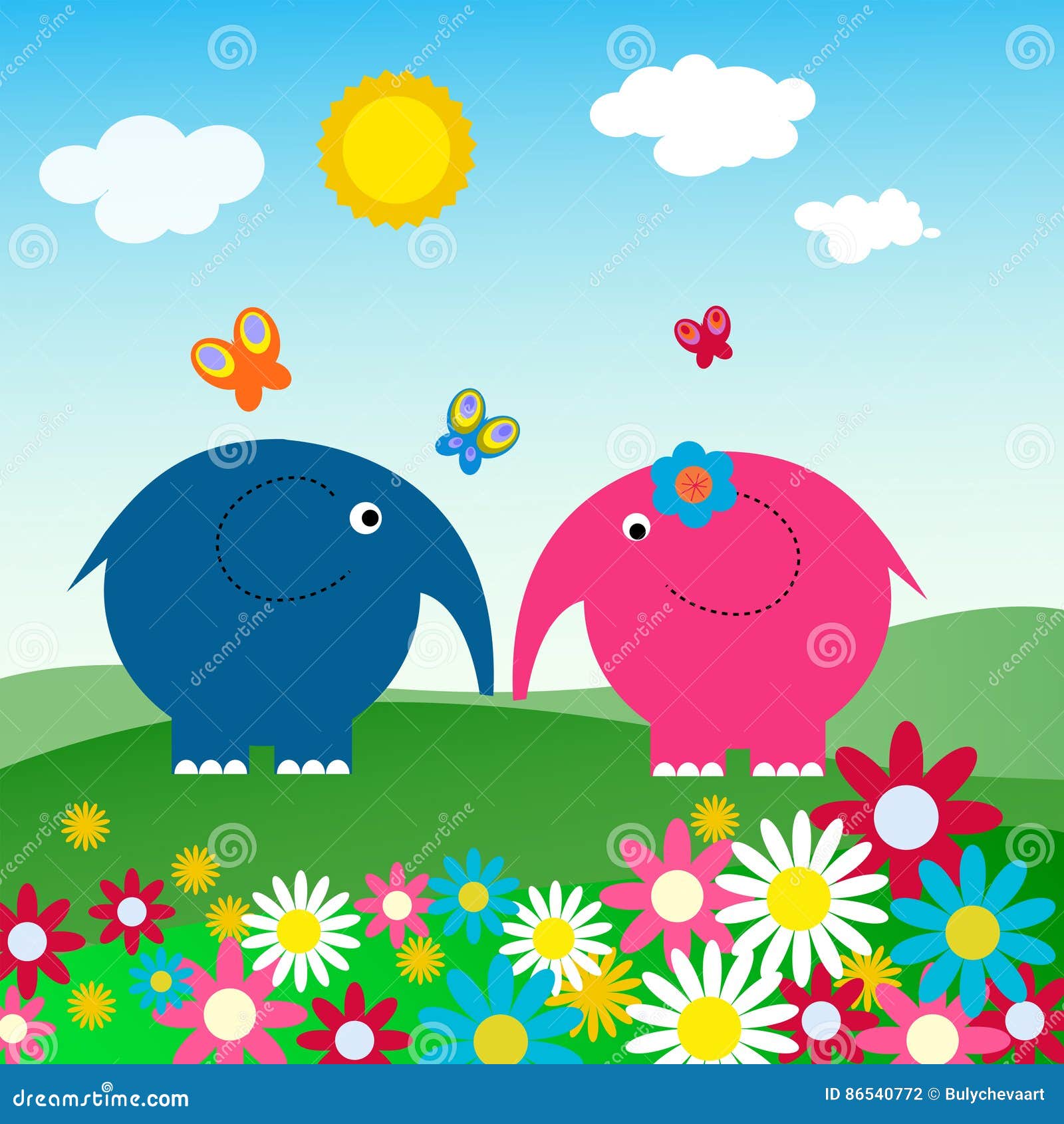 Cute Elephants in Love on a Flower Meadow Stock Vector - Illustration ...