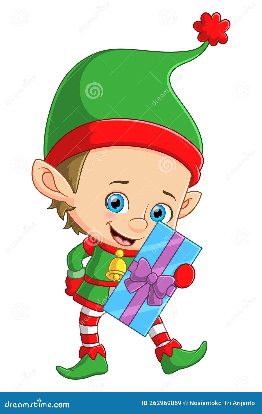 Cute Elf Boy Holding a Big Gift Stock Vector - Illustration of mascot ...