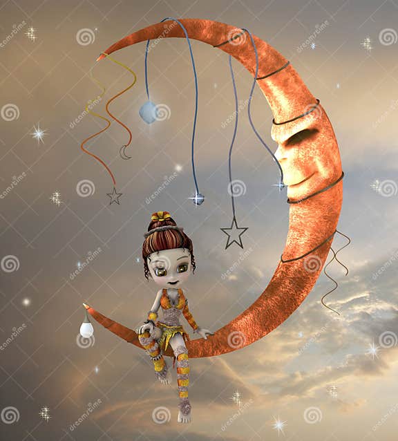 Cute elf on the moon stock illustration. Illustration of fantastic ...