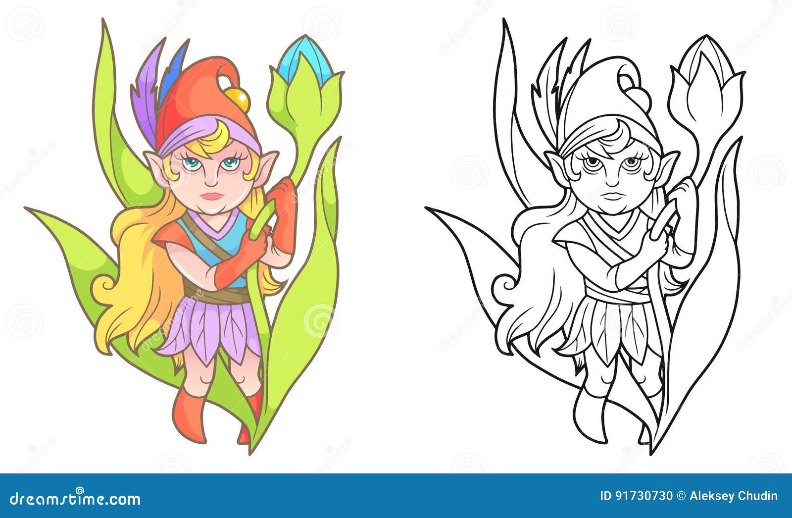 Cute Elf Standing Near a Flower Stock Illustration - Illustration of ...