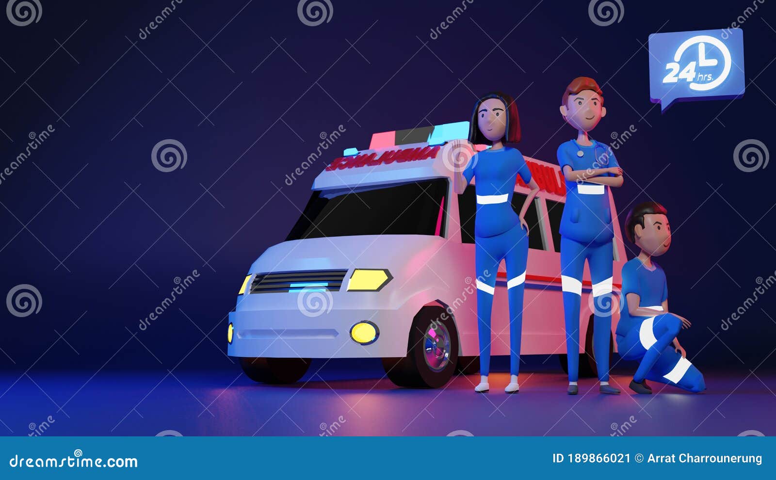 Cute Emergency Team Character and Ambulance always Ready., 3D Rendering ...