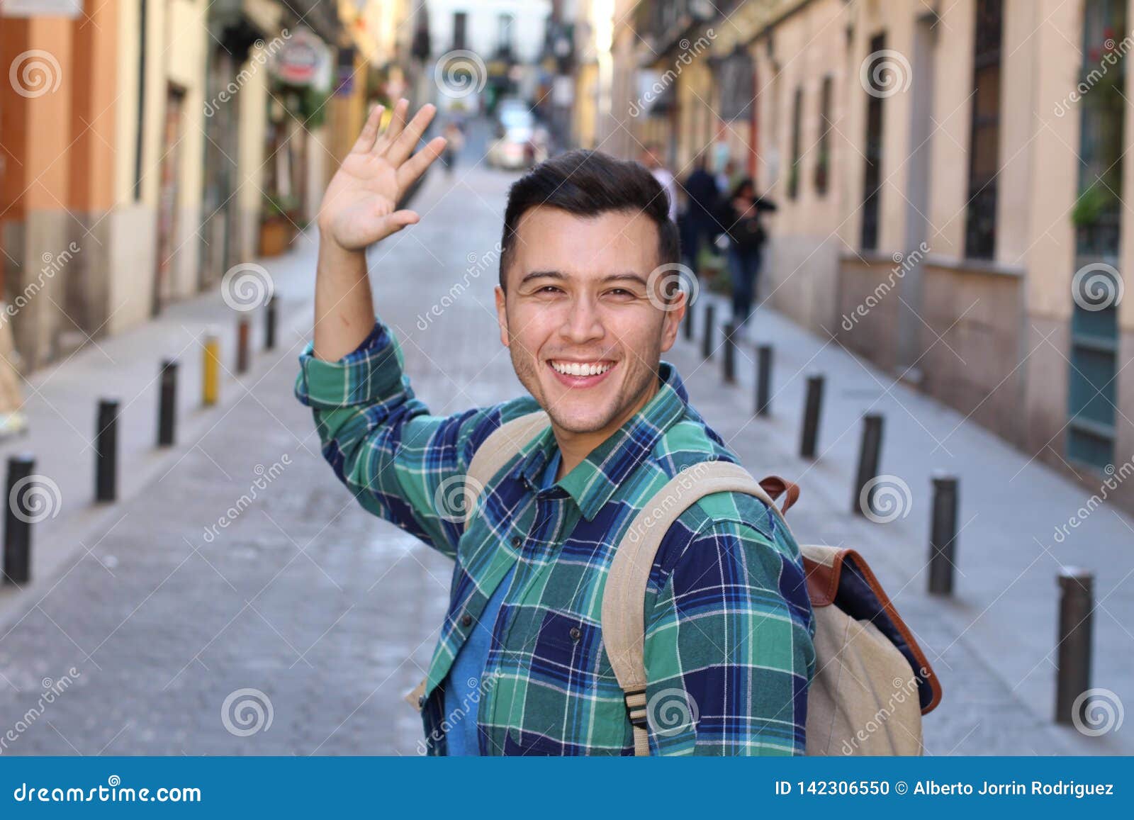 Cute Ethnic Guy Saluting Outdoors Stock Photo - Image of goodbye ...