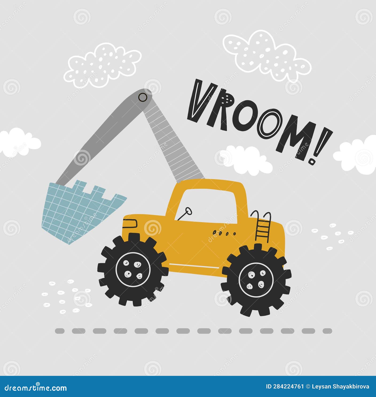 Cute Excavator Car and Vroom Text Stock Illustration - Illustration of ...
