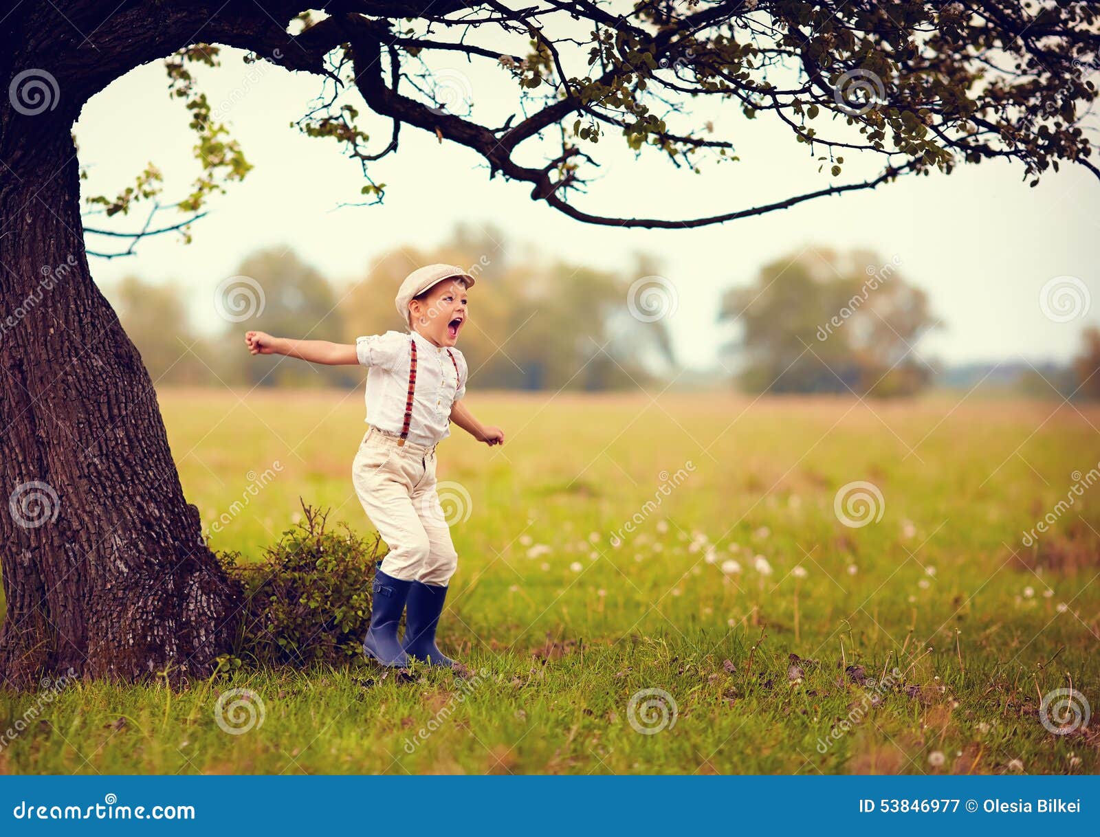Cute Excited Boy Having Fun on Spring Field, Countryside Stock Image ...