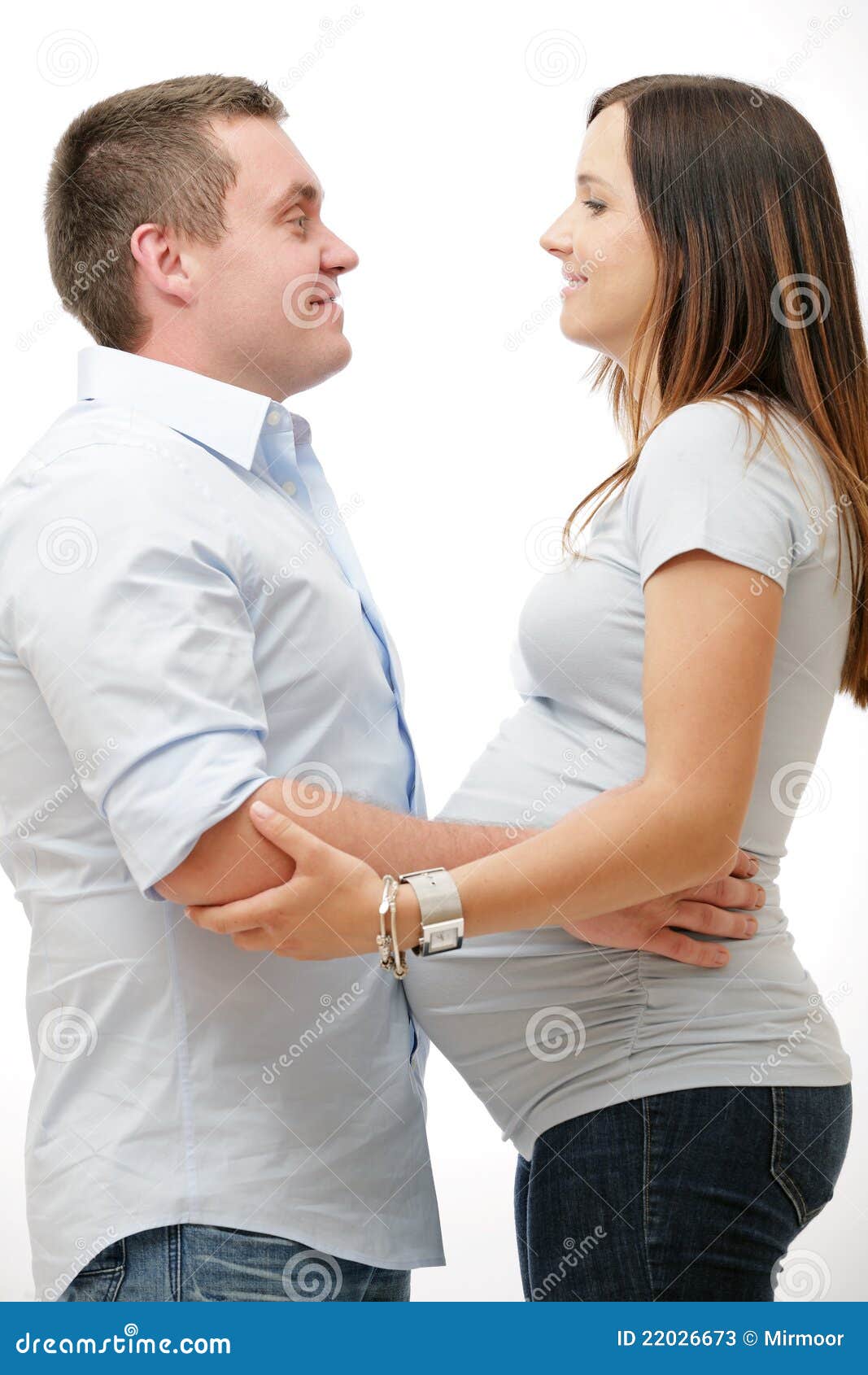 Cute Expecting Couple Posing in Studio. Stock Image - Image of laughing ...