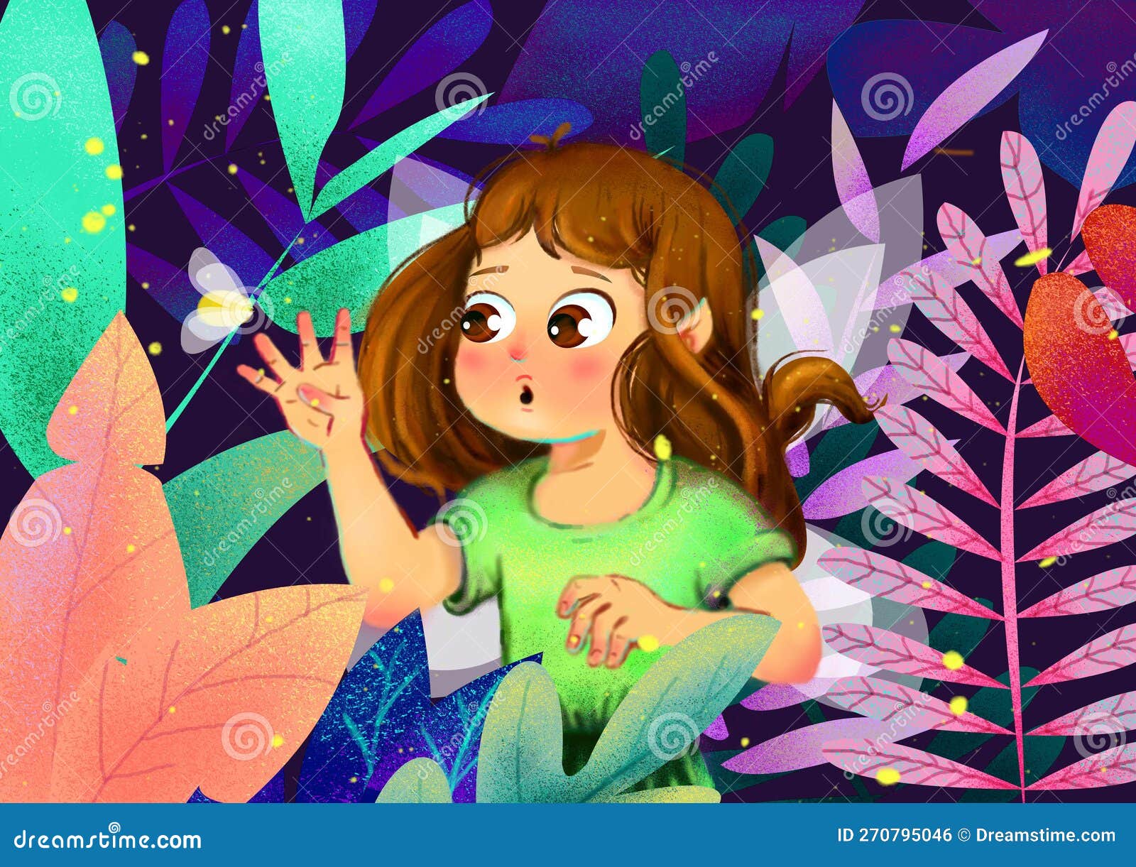 Cute Fairy in Forest Talking with a Firefly Stock Illustration ...